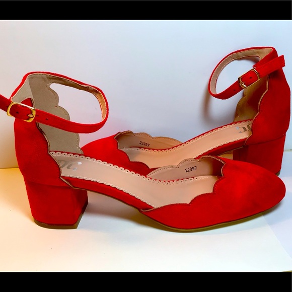 Edna | Shoes | Red Shoe Scalloped Toe 2 Heel And Ankle Strap | Poshmark